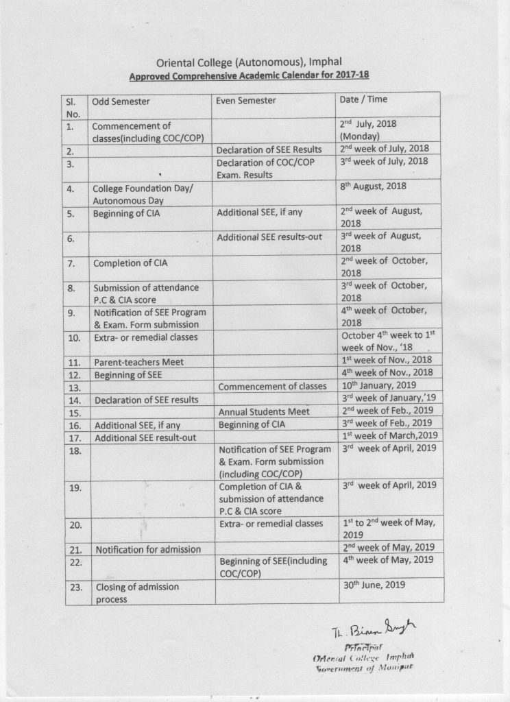 Academic Calendar | Oriental College | Takyel, Imphal West